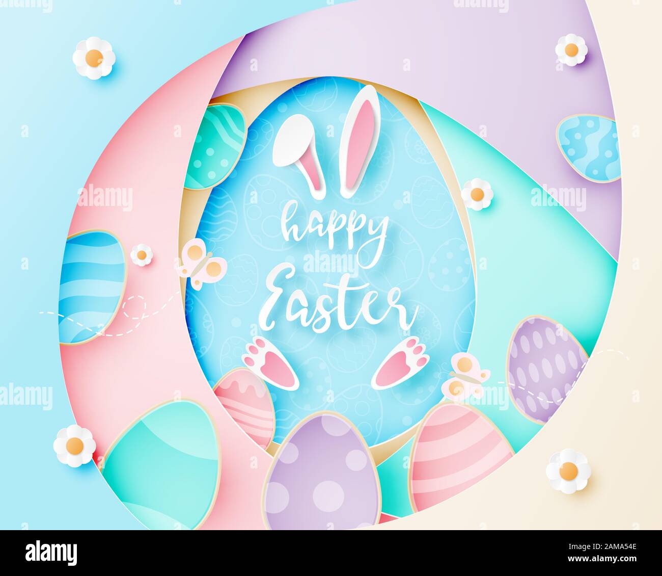 Easter day concept background pastel color in paper cut style. Digital ...