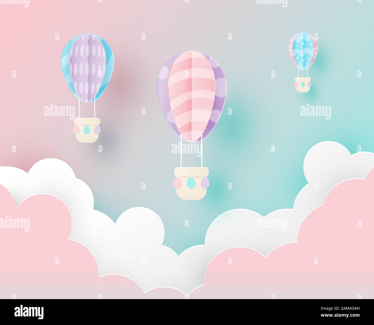 Easter background concept with Easter egg balloon in sky in paper cut ...