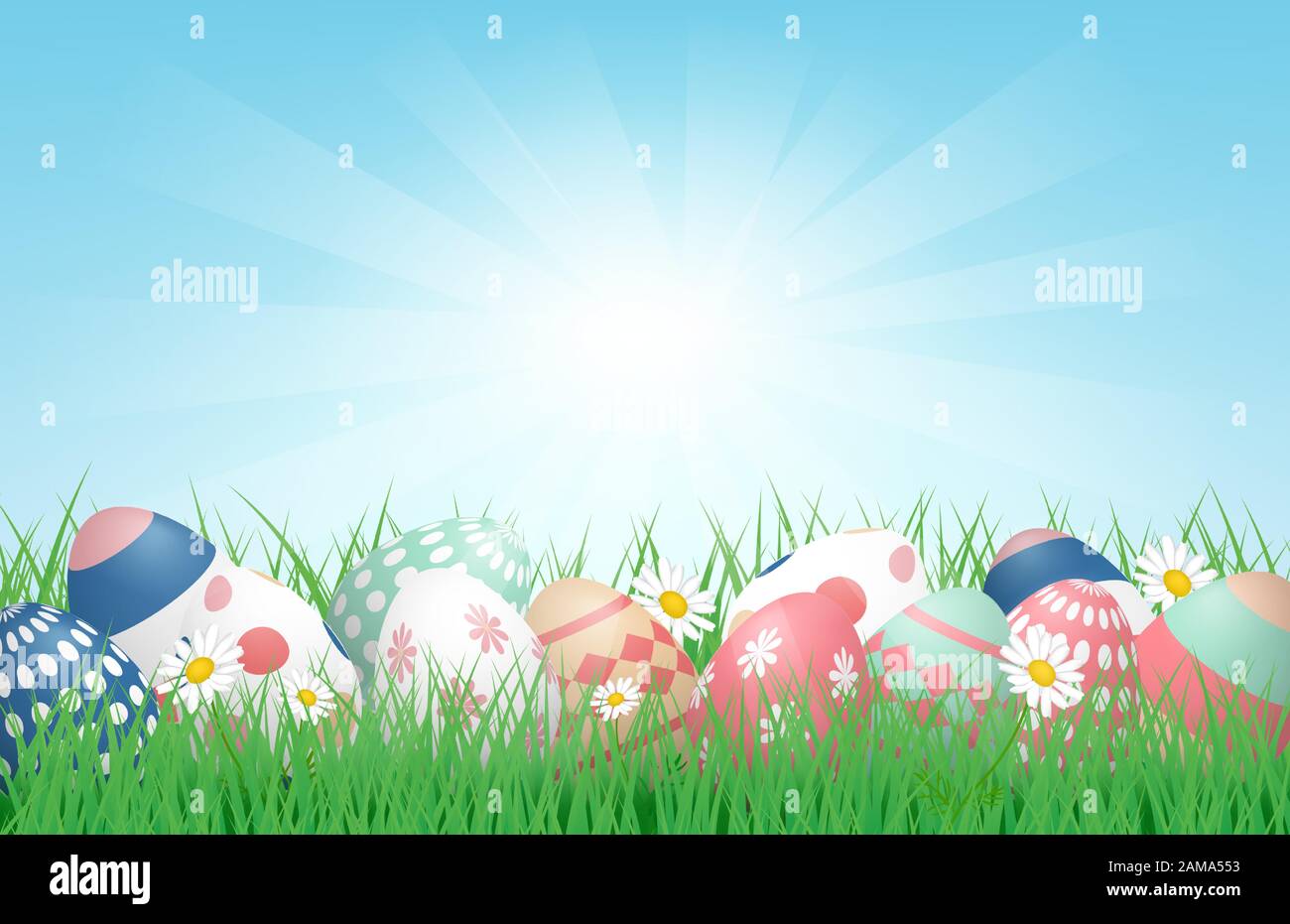 3D Happy Easter background with Colorful Easter Eggs on grass field ...