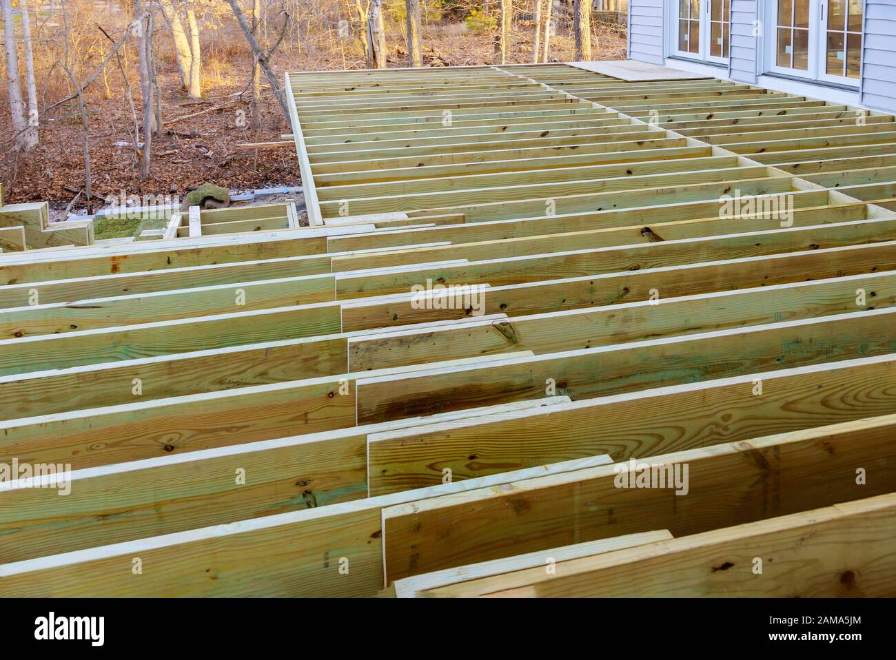 Construction of a wooden floor or terrace unfinished installation of ...