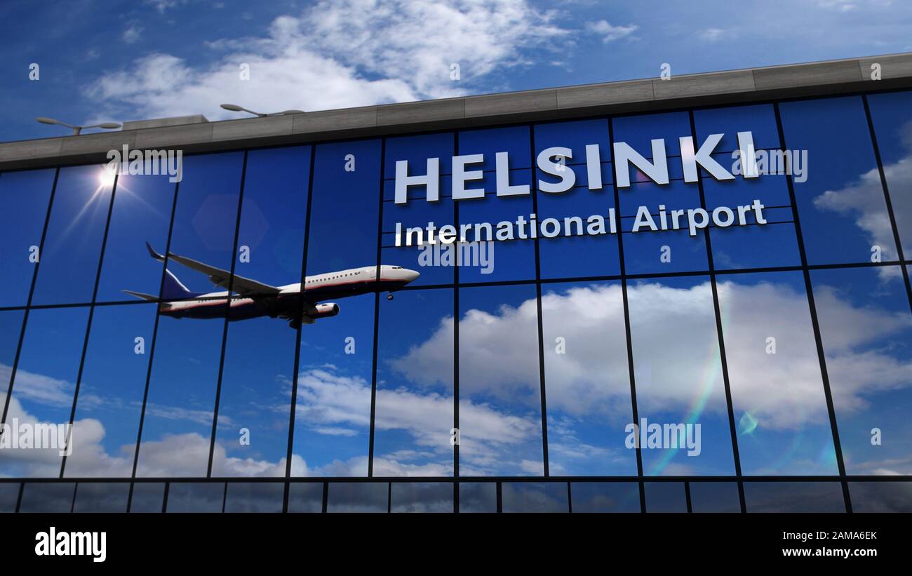 Jet aircraft landing at Helsinki, Finland 3D rendering illustration ...