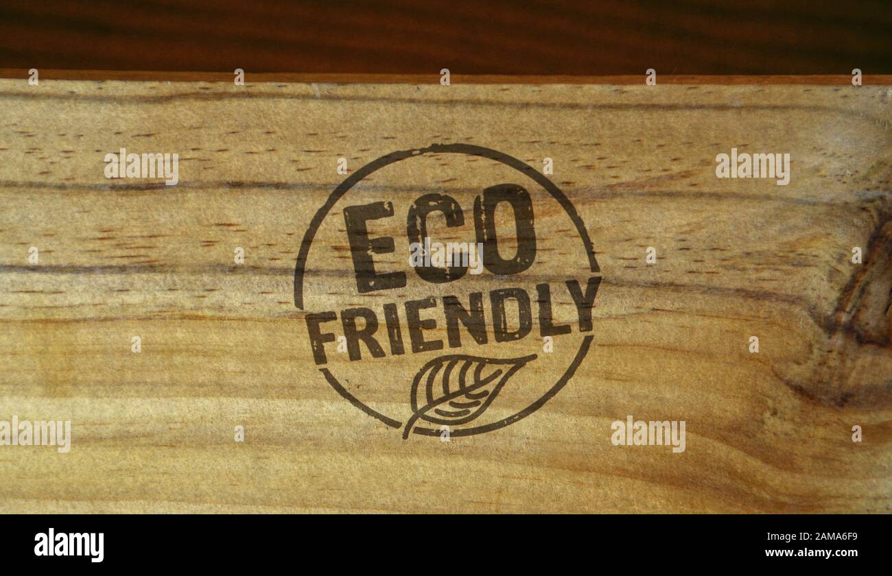 Eco friendly stamp printed on wooden box. Ecology, organic, natural ...