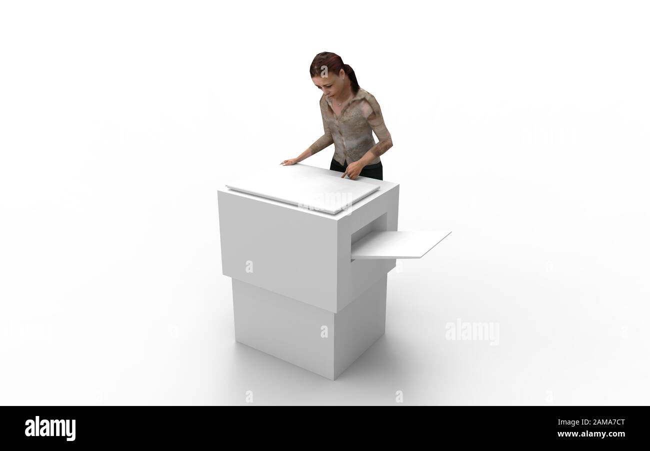 3d rendering of a woman at a copier isolated in white background Stock ...