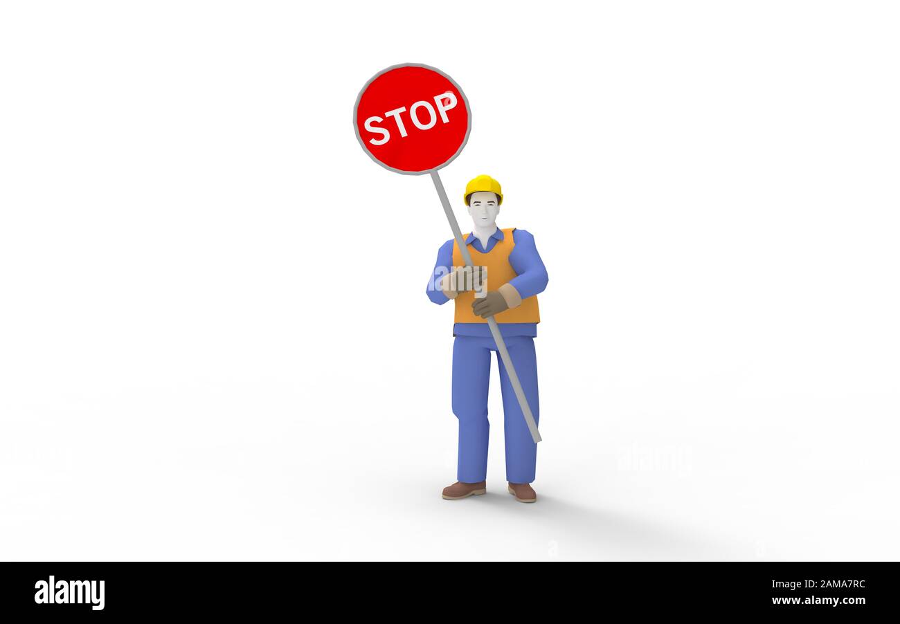 3d rendering of a man holding a stop sign isolated in white background ...