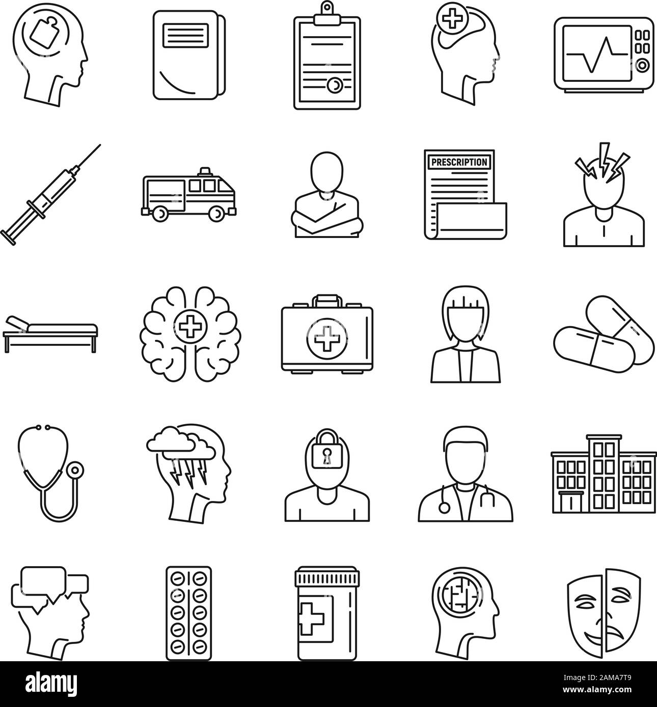 Brain mental hospital icons set. Outline set of brain mental hospital ...