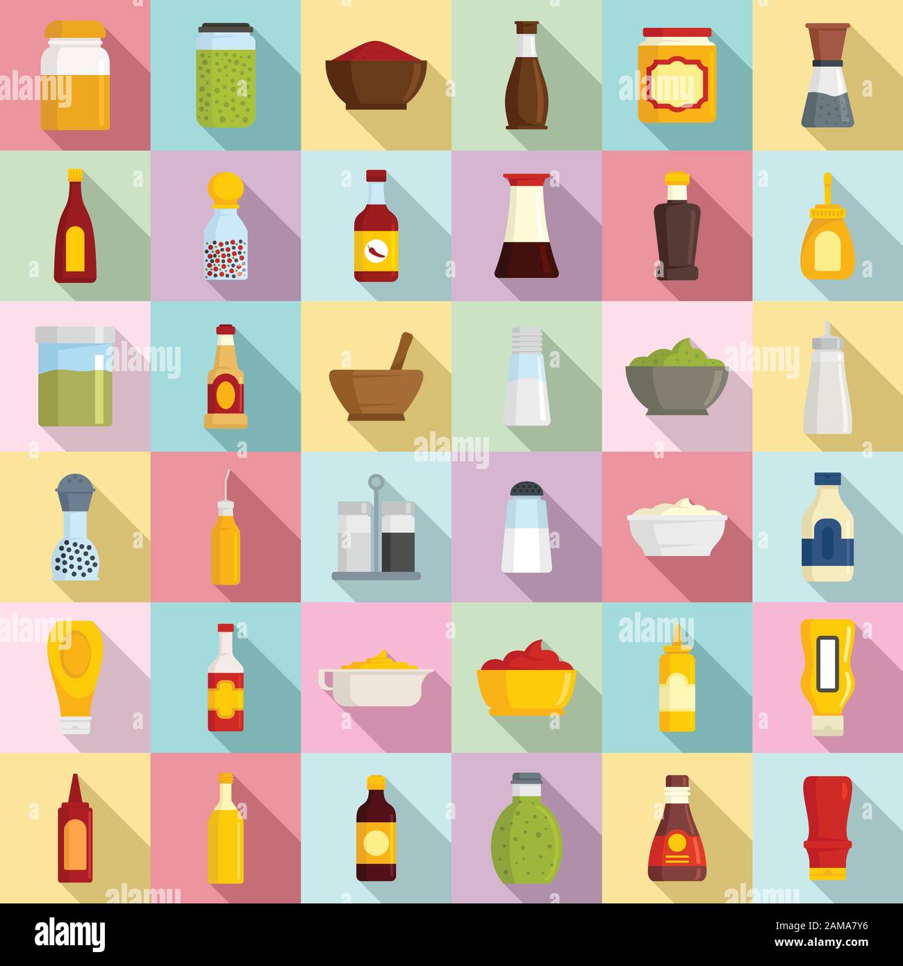 Condiment icons set. Flat set of condiment vector icons for web design ...