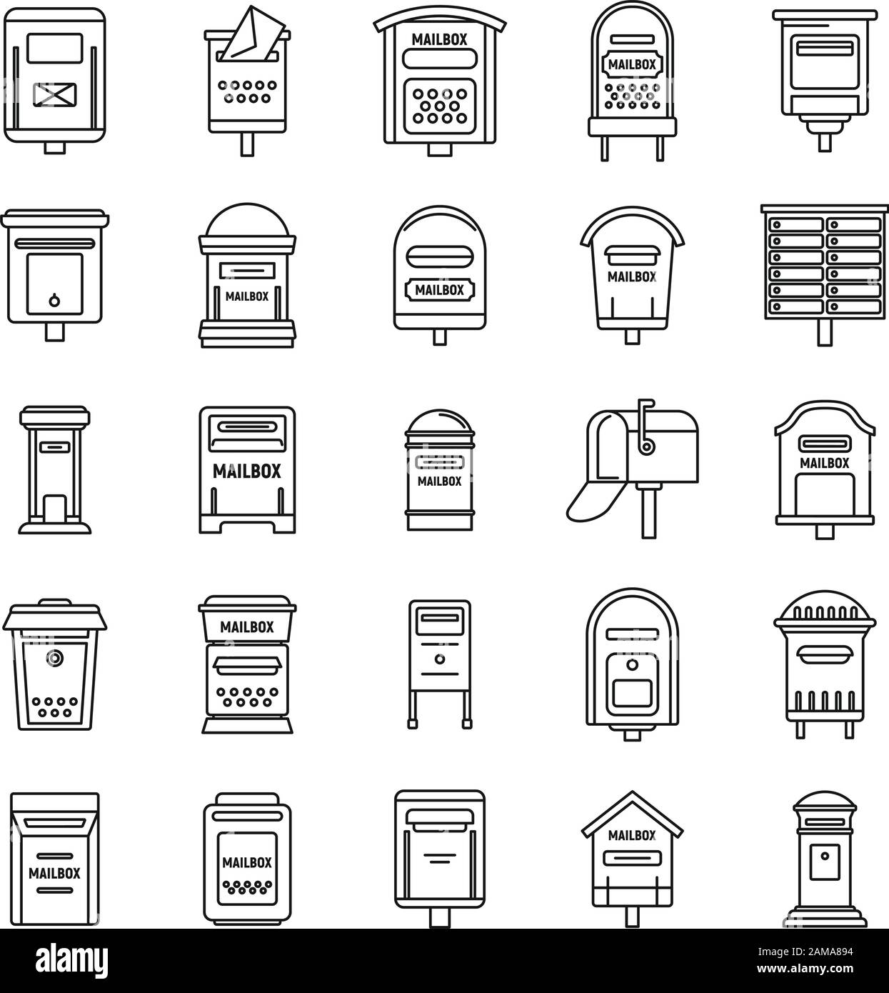 Metal mailbox icons set. Outline set of metal mailbox vector icons for ...