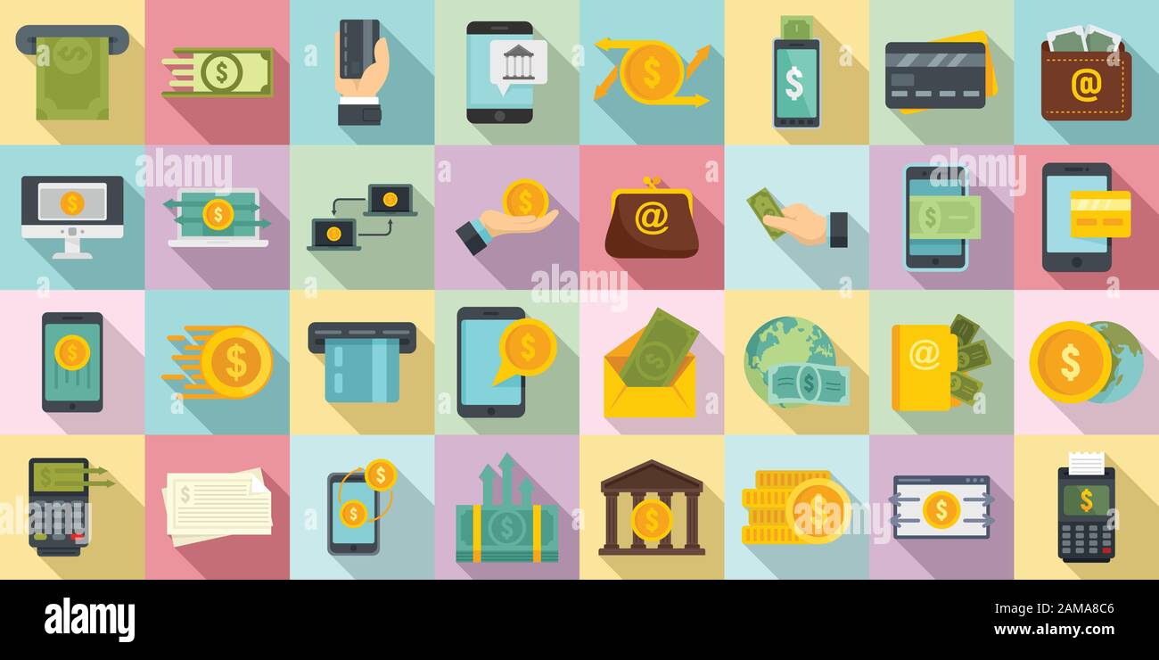 Money transfer icons set. Flat set of money transfer vector icons for ...