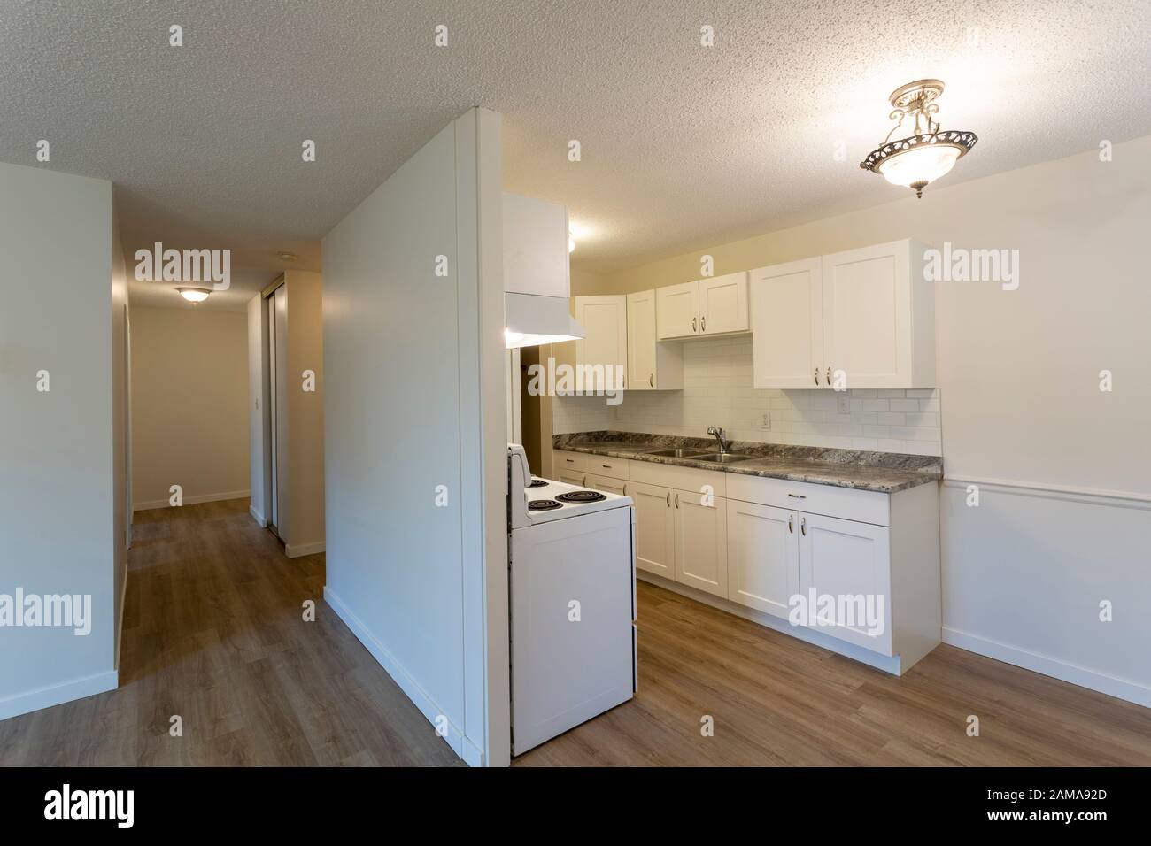 Interior of empty renovated apartment condo rental unit with white ...