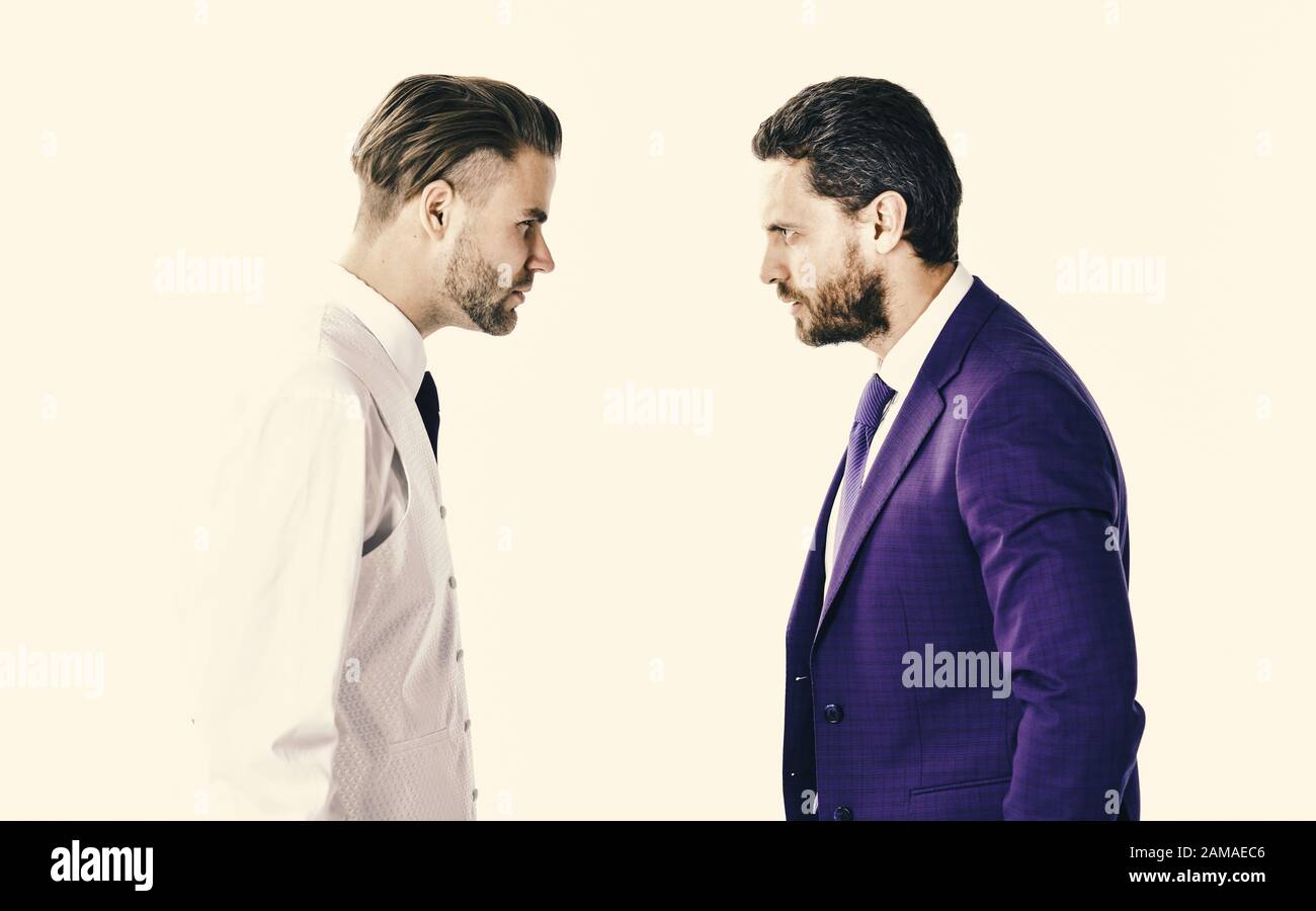 Men in suits or businessmen suspect each other of betrayal, isolated on ...