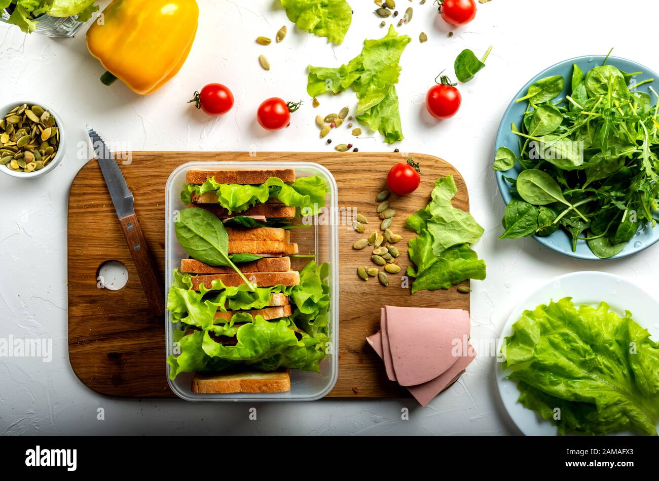 School lunch. Food Box with a delicious sandwich. Top view Stock Photo ...