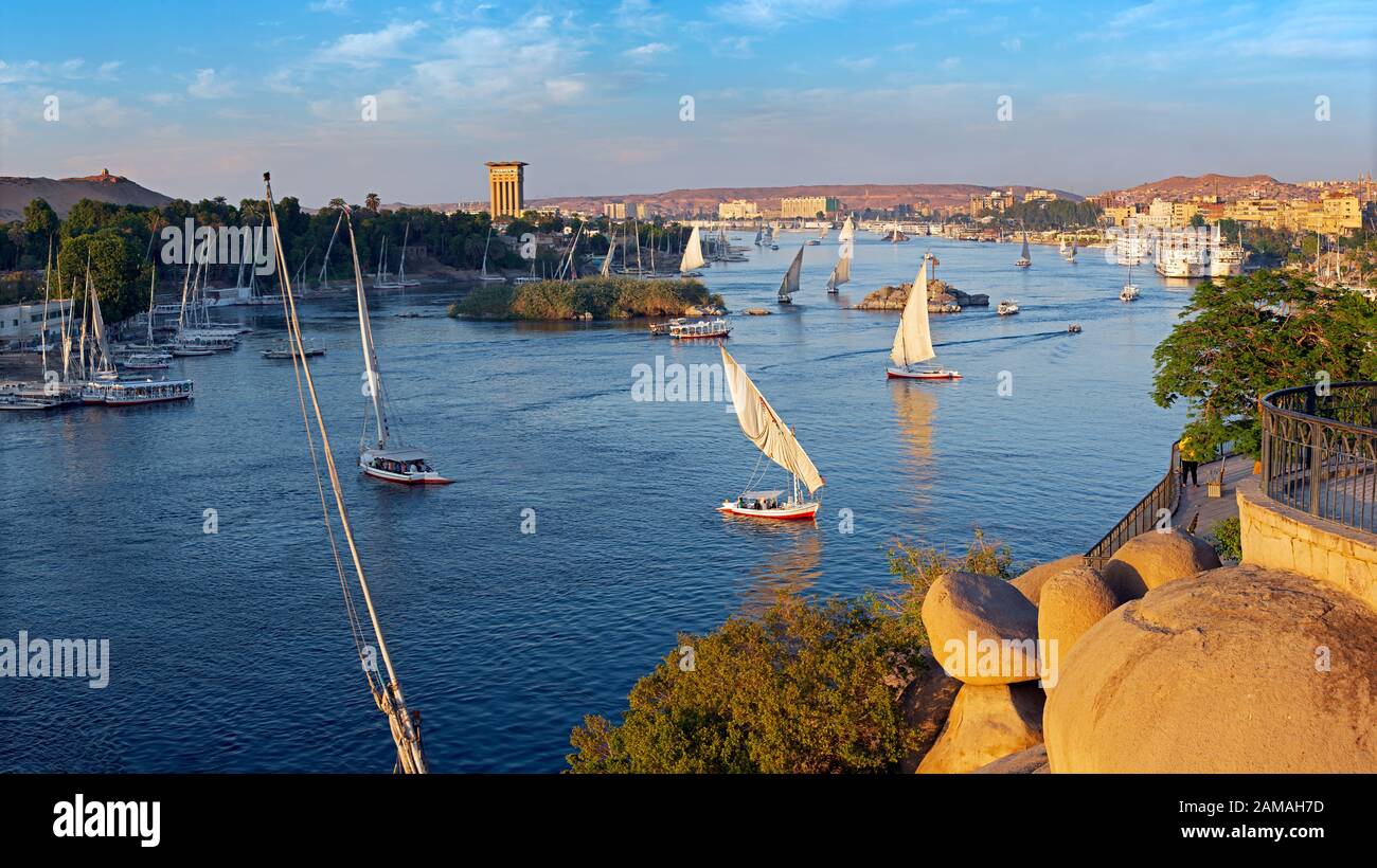 felucca boats on Nile river in Aswan Stock Photo - Alamy