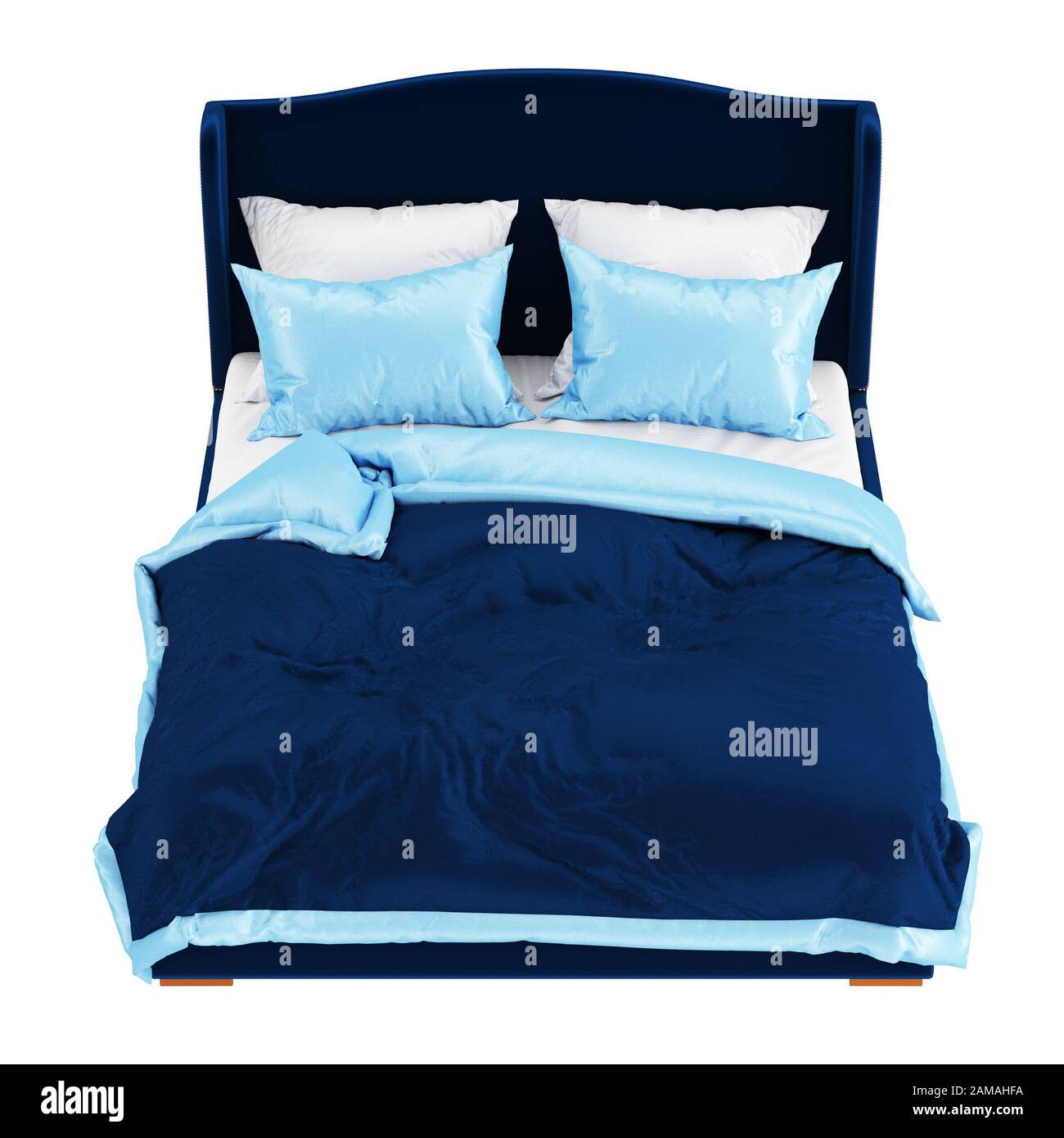 A soft blue double bed with blue and white bed linen on white ...