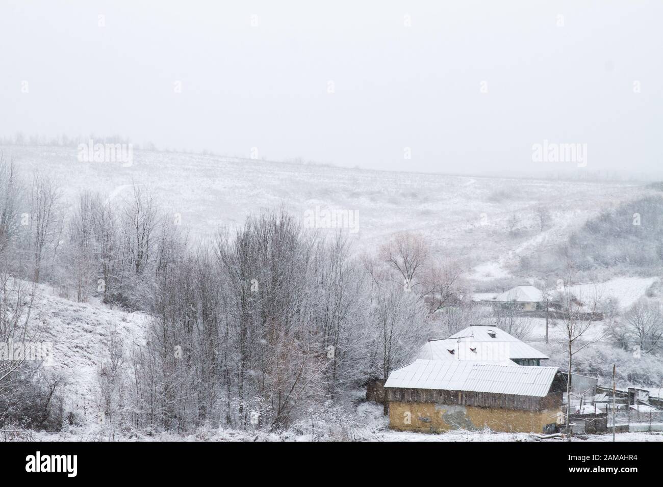 Image of white winter landscape during snowfall in rural setting in ...