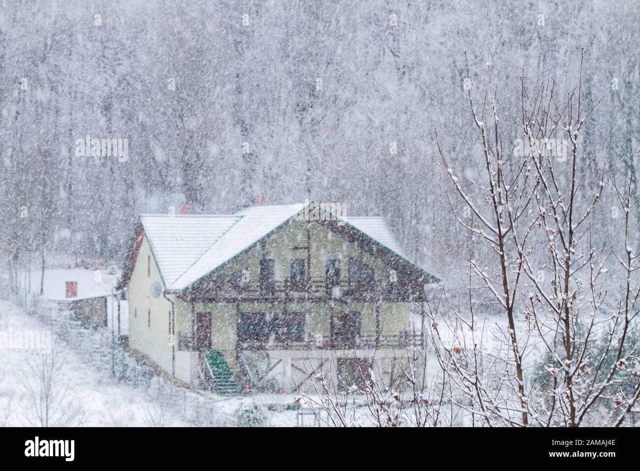 Image of white winter landscape during snowfall in rural setting in ...