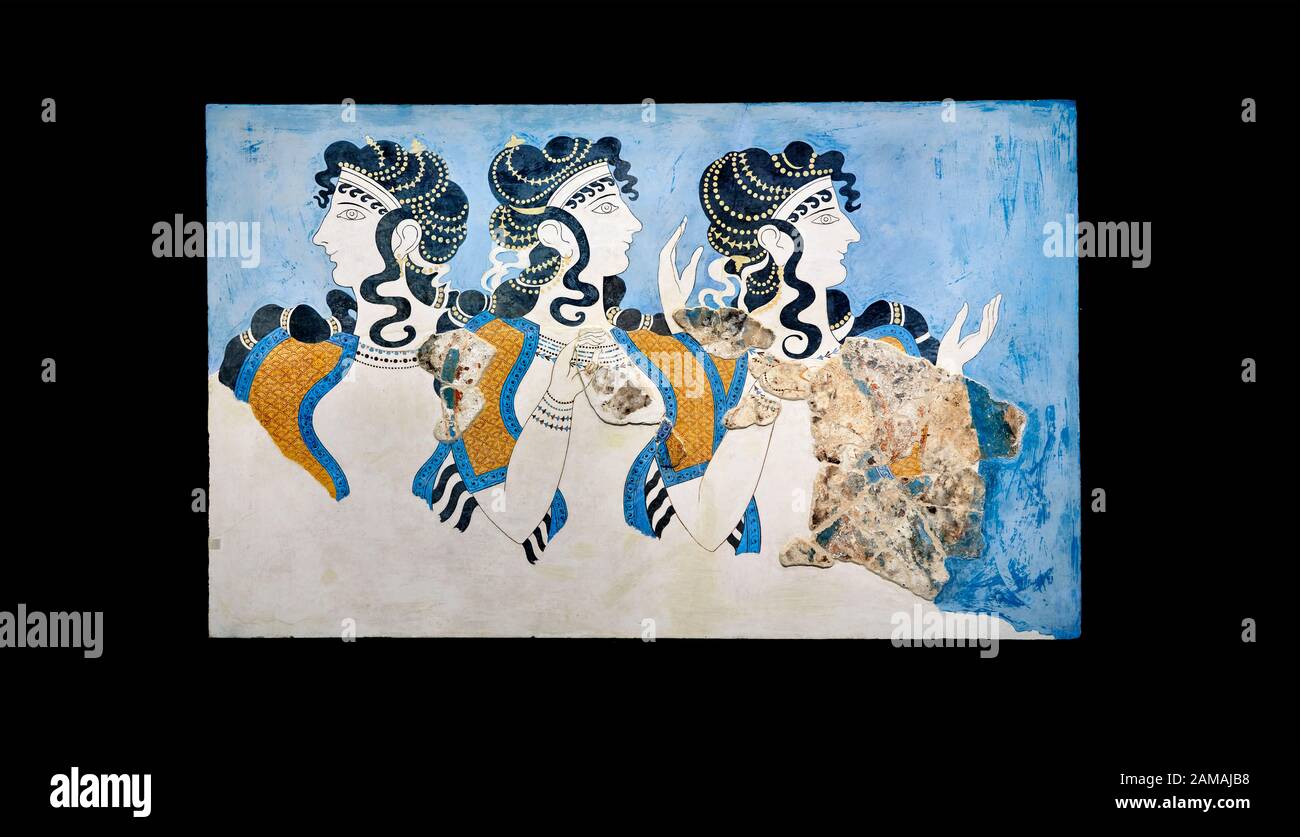 Minoan wall art fresco of 'Ladies in Blue' from Knossos Palace 1600 ...