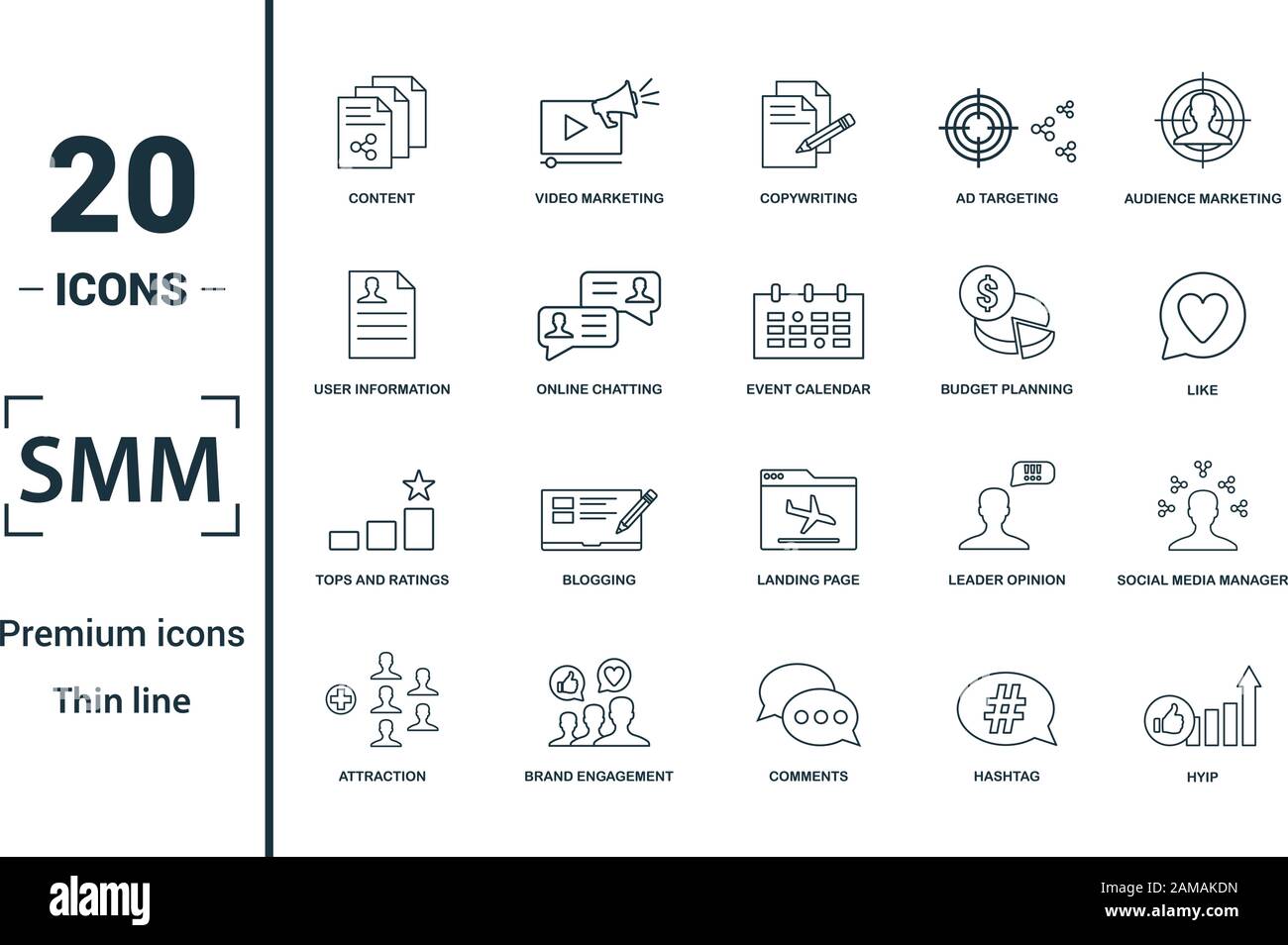 Smm icon set. Include creative elements content, copywriting, user ...