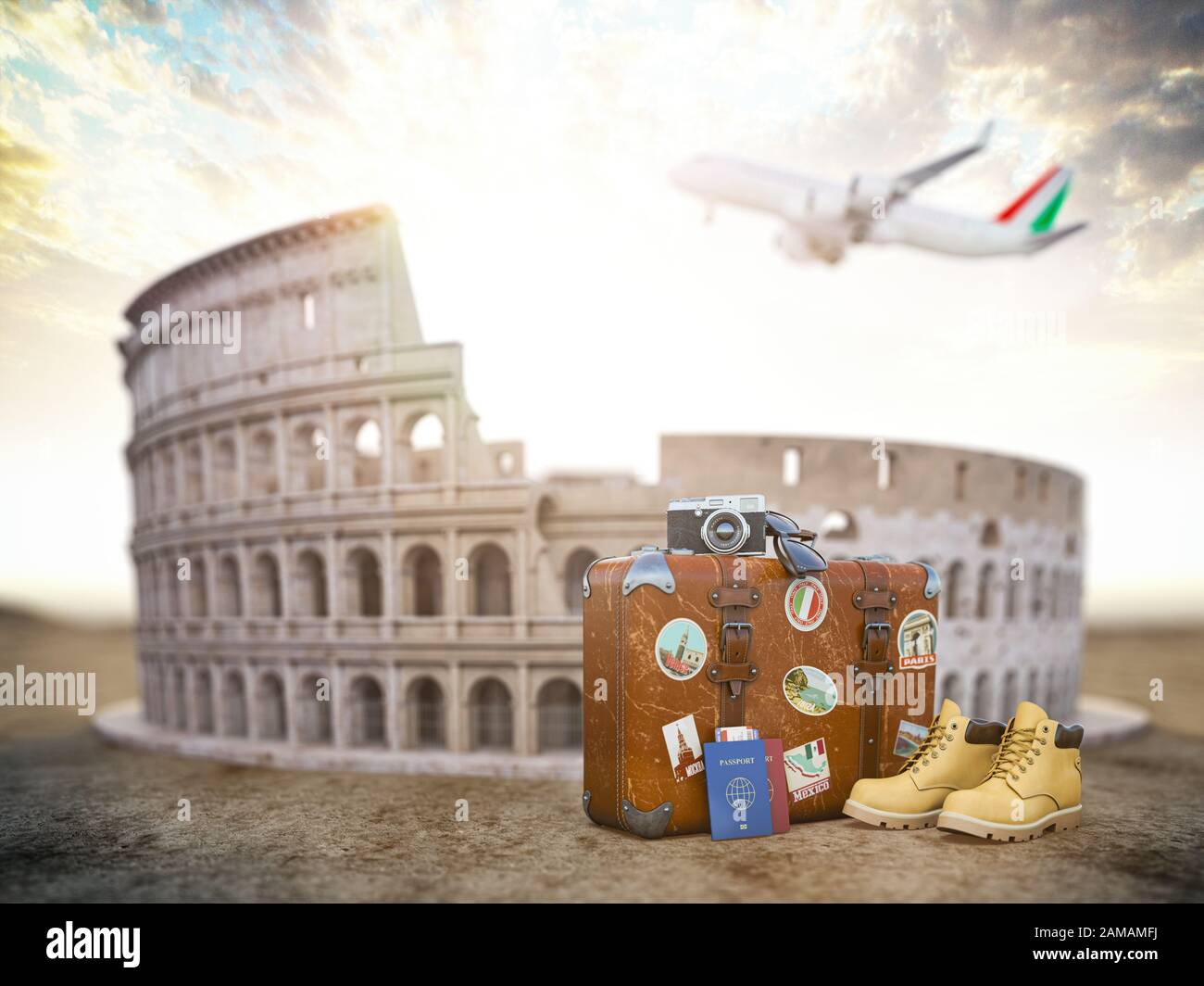 Flight to Rome, Italy.Vintage suiitcase with symbols of Rome Coliseum ...