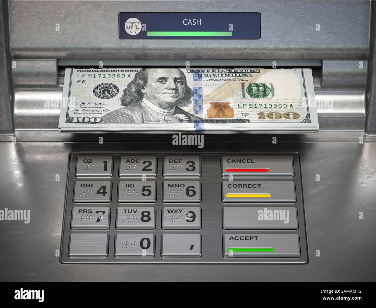 Wthdrawing dmonet from ATM machine. Dollar banknotes in cashpoint. 3d ...