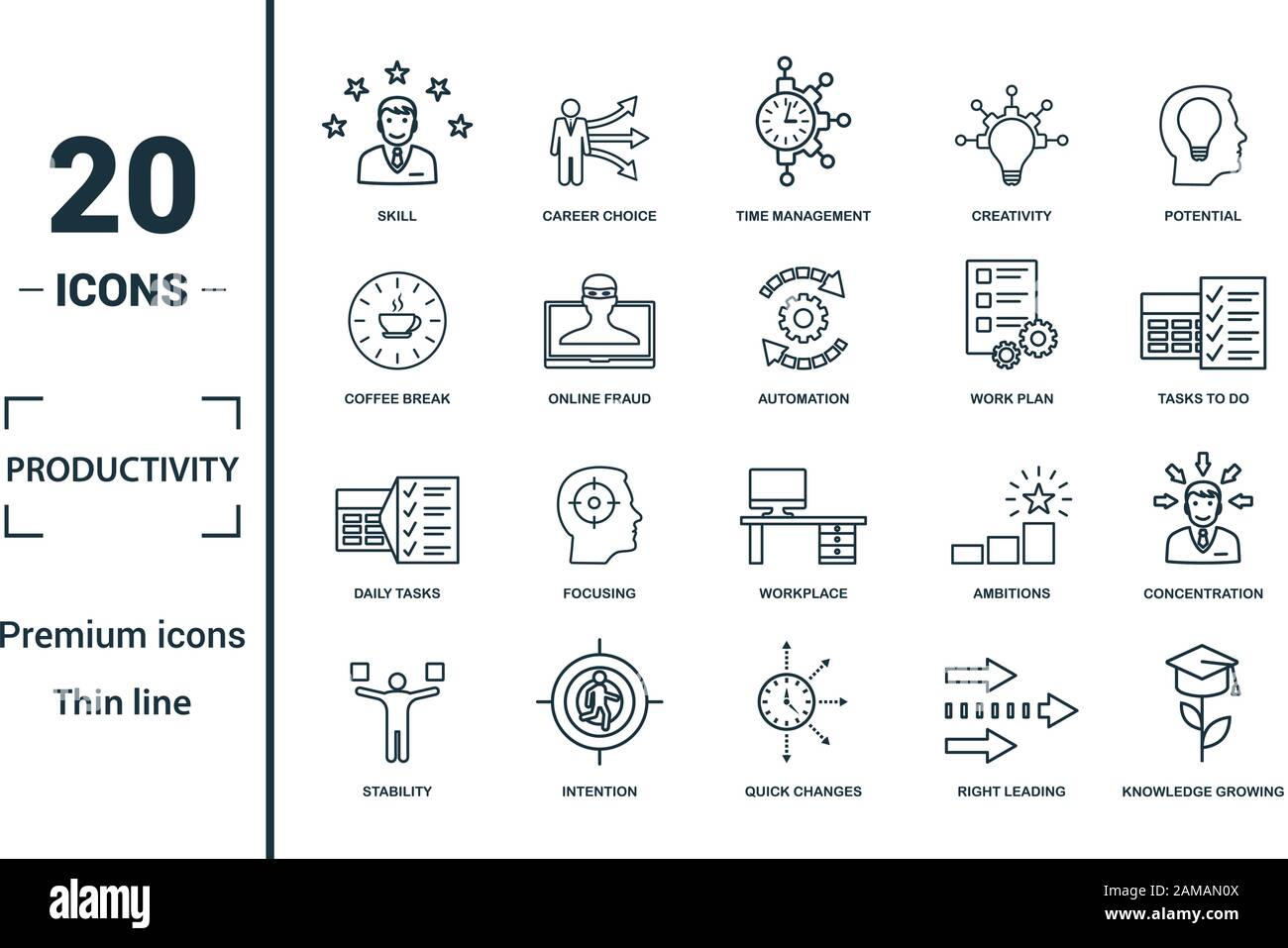 Productivity icon set. Include creative elements skill, time management ...