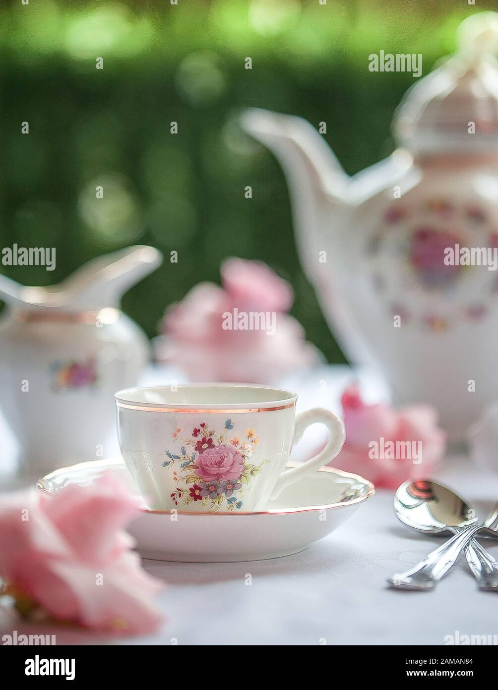 A set of floral rose pattern fine china porcelain tea set with a tea ...