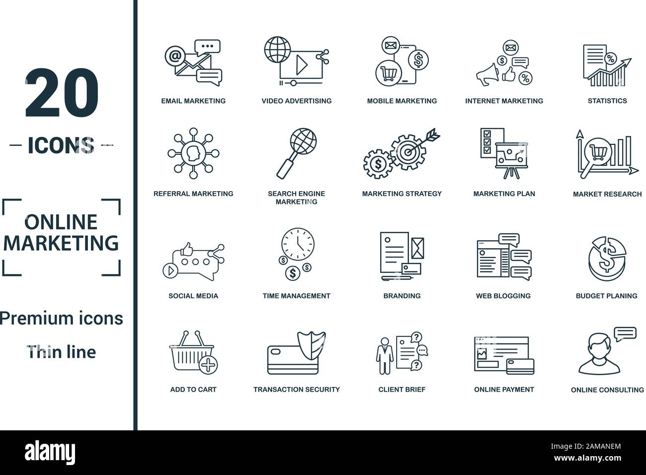 Online Marketing icon set. Include creative elements email marketing ...