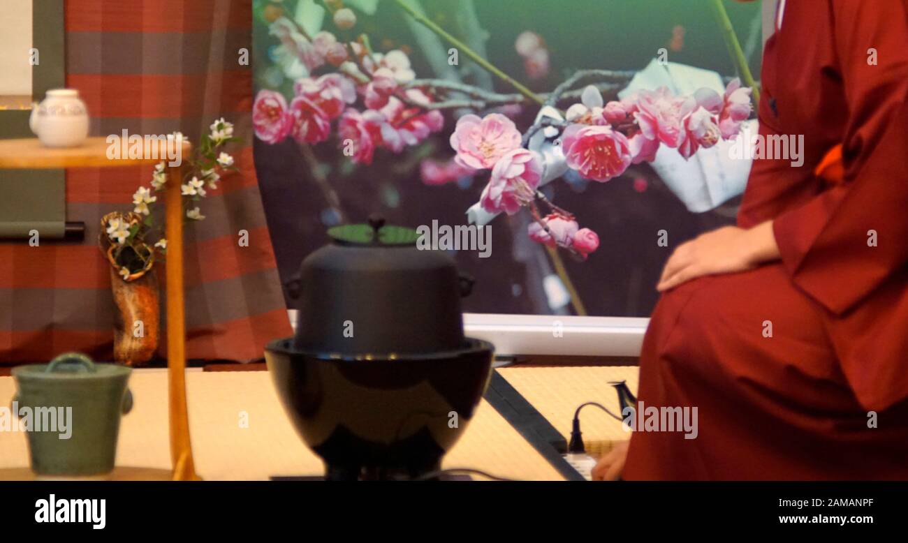 Japanese tea ceremony Chanoyu. Geisha presenting the utensils used for ...