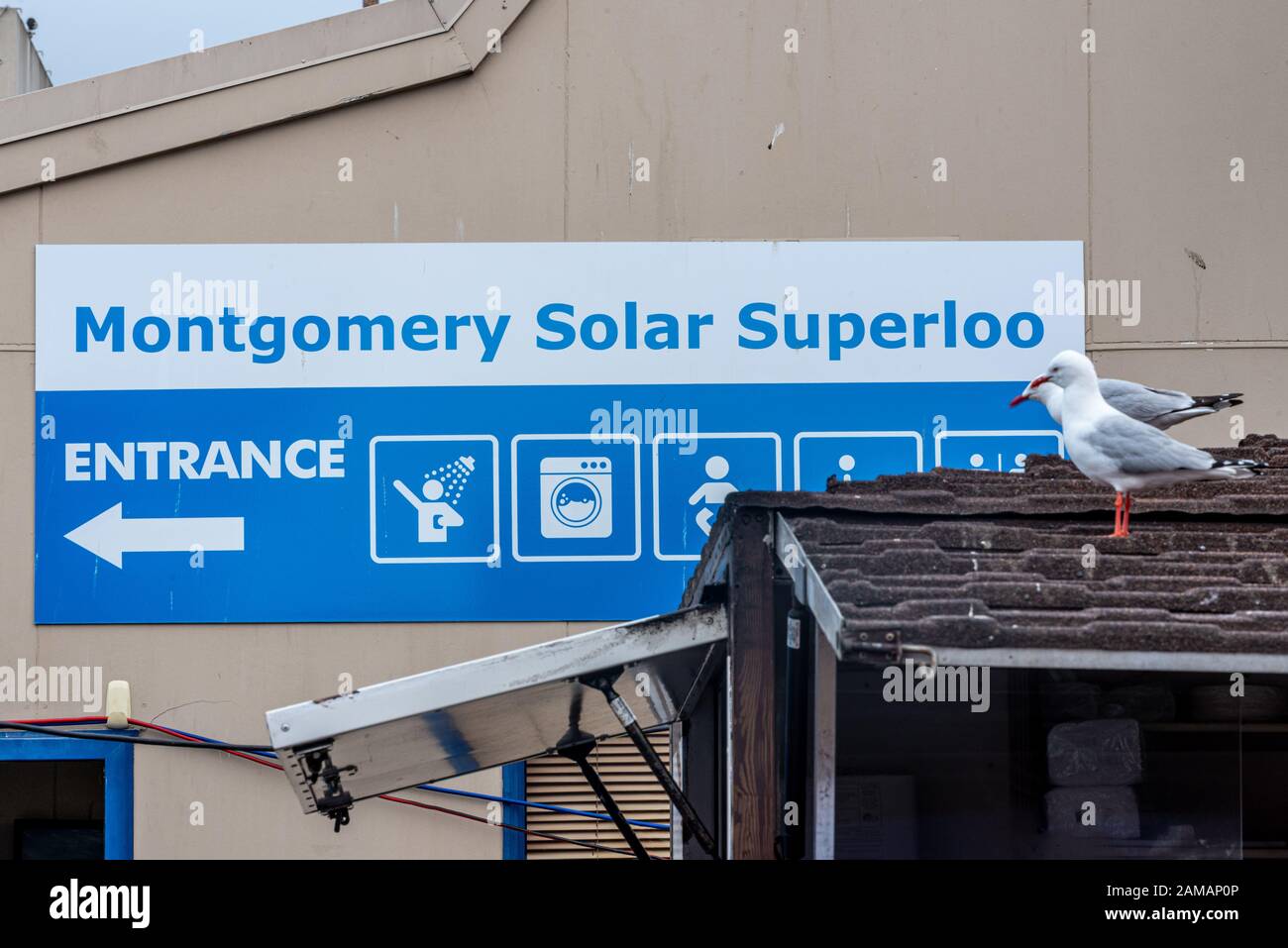 Sign for a solar powered toilet and superloo, Nelson, New Zealand Stock ...