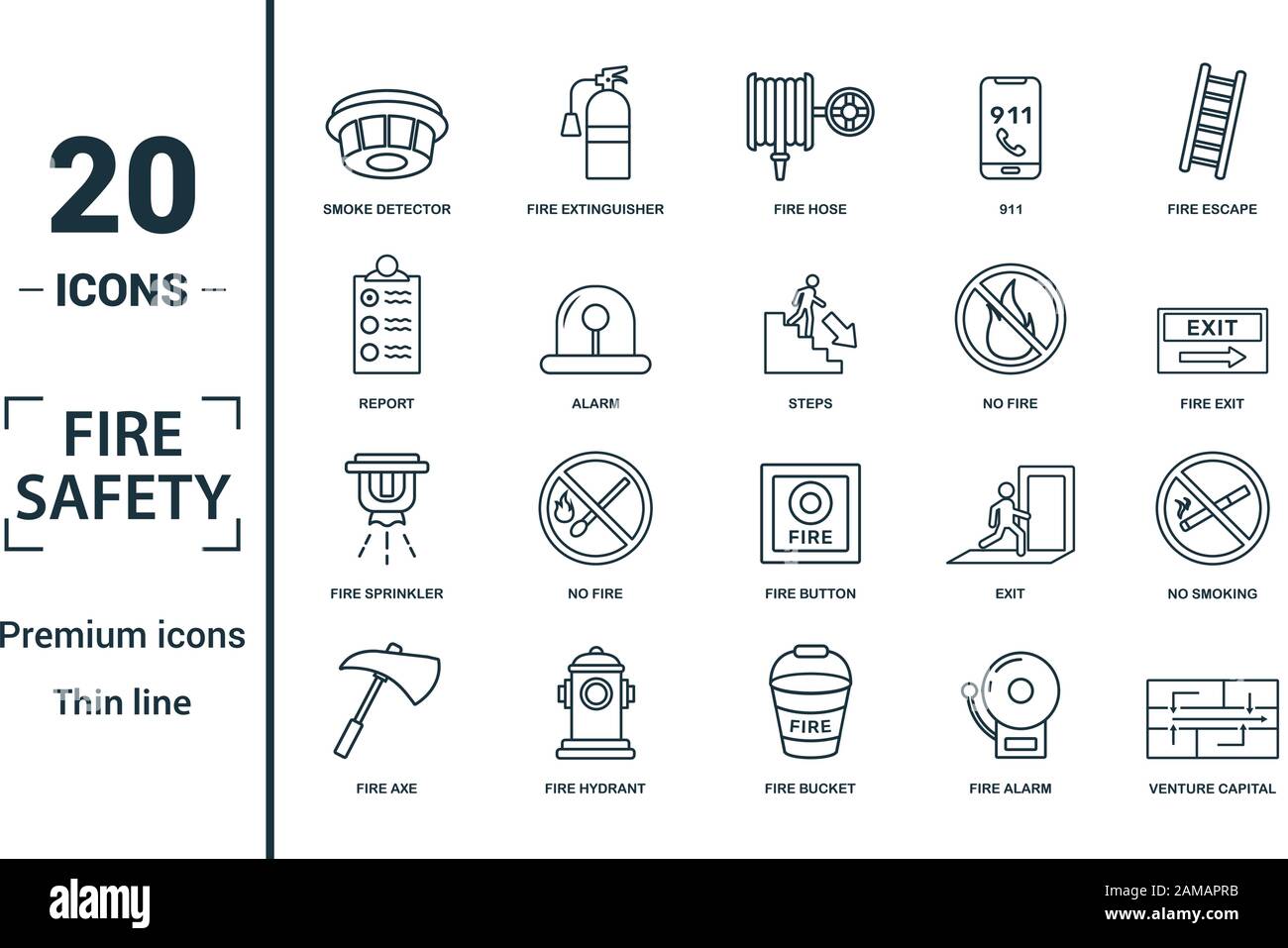 Fire Safety icon set. Include creative elements smoke detector, fire ...