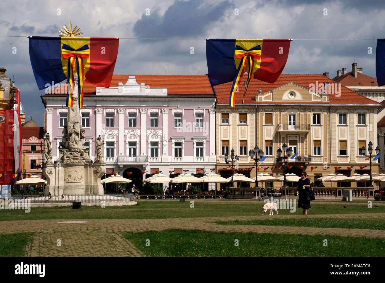 Union Square in Timisoara decorated festive with Romanian flags blown ...