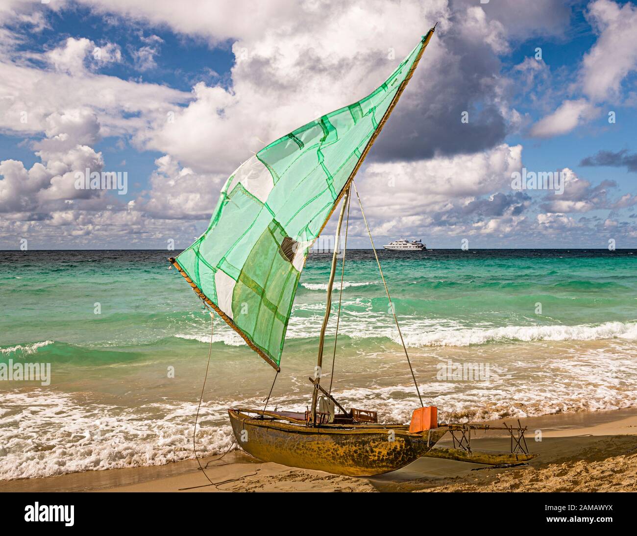 Polynesian sailboat (Prau) on the beach of Yanaba Island from Papua New ...