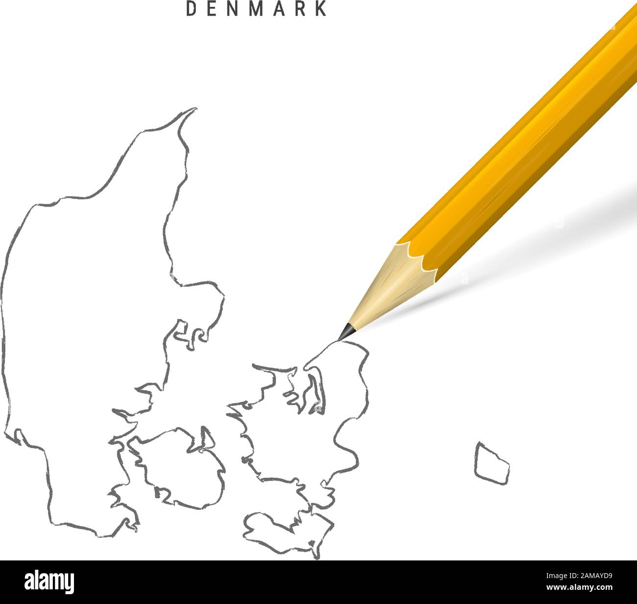 Denmark sketch outline map isolated on white background. Empty hand ...