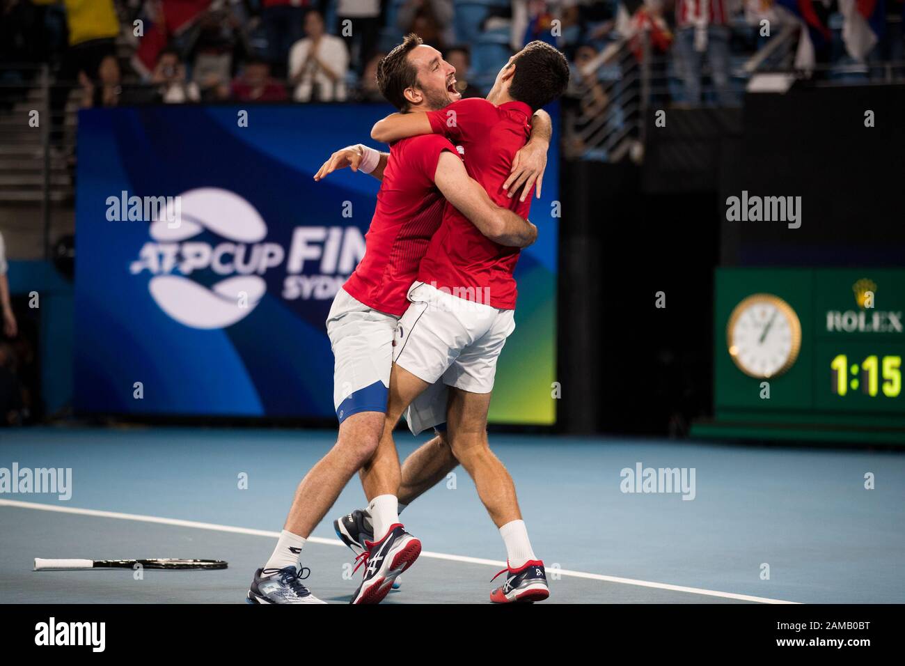 Novak Djokovic of Serbia celebrates with Viktor Troicki of Serbia after ...