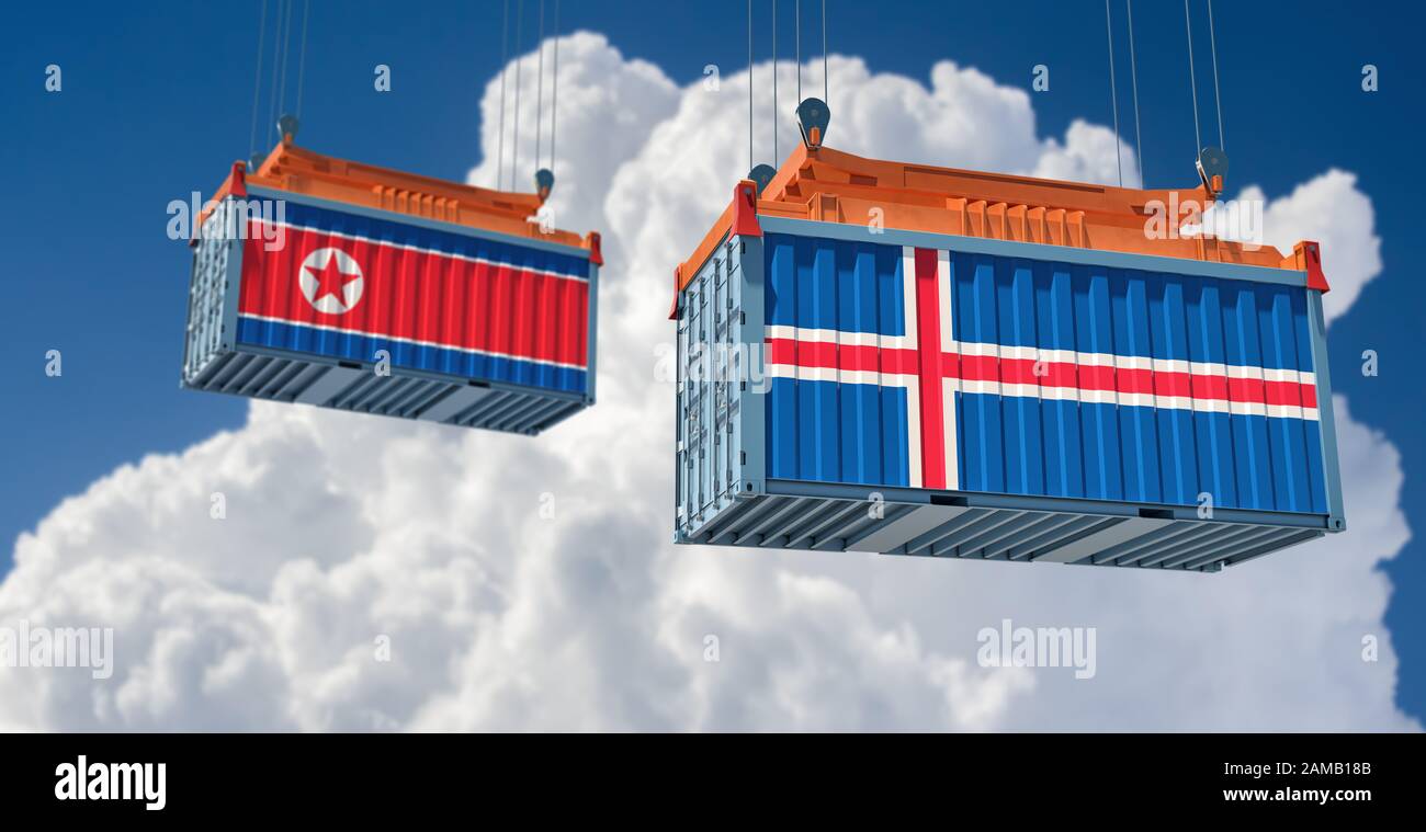 Freight container with Iceland and North Korea flag. 3D Rendering Stock ...