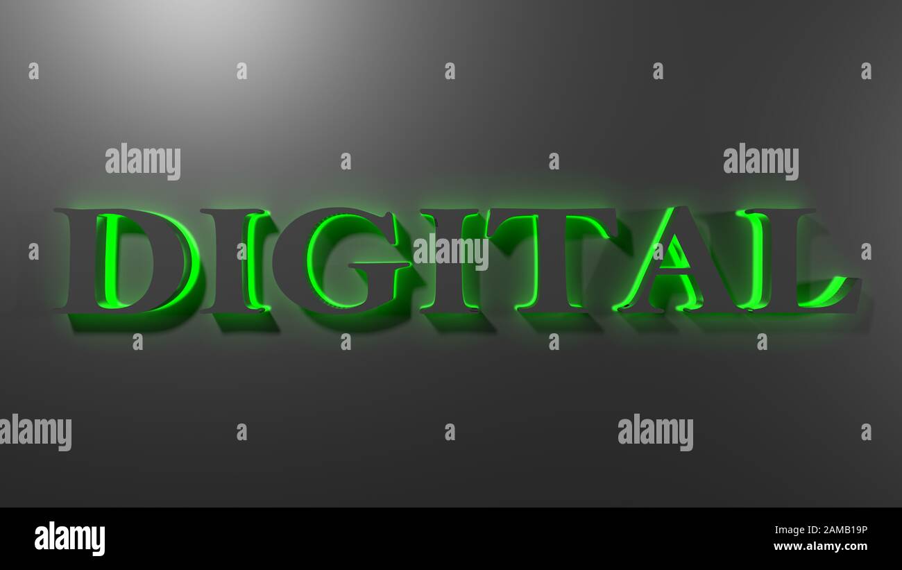 DIGITAL black write with green backlight, on black satin background ...