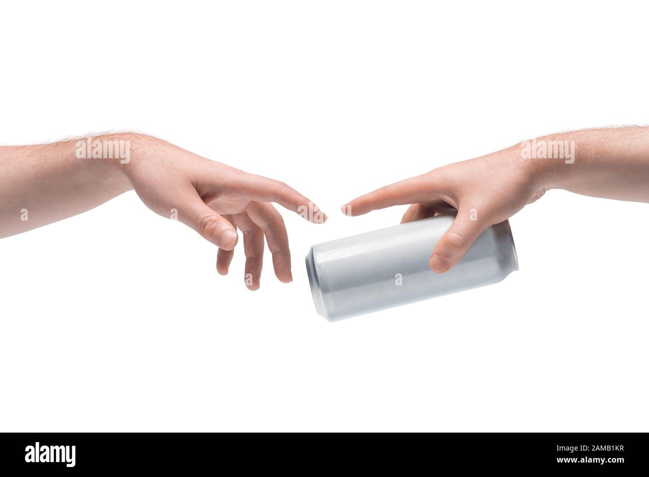 Two male hands passing one another blank white beer can on white ...