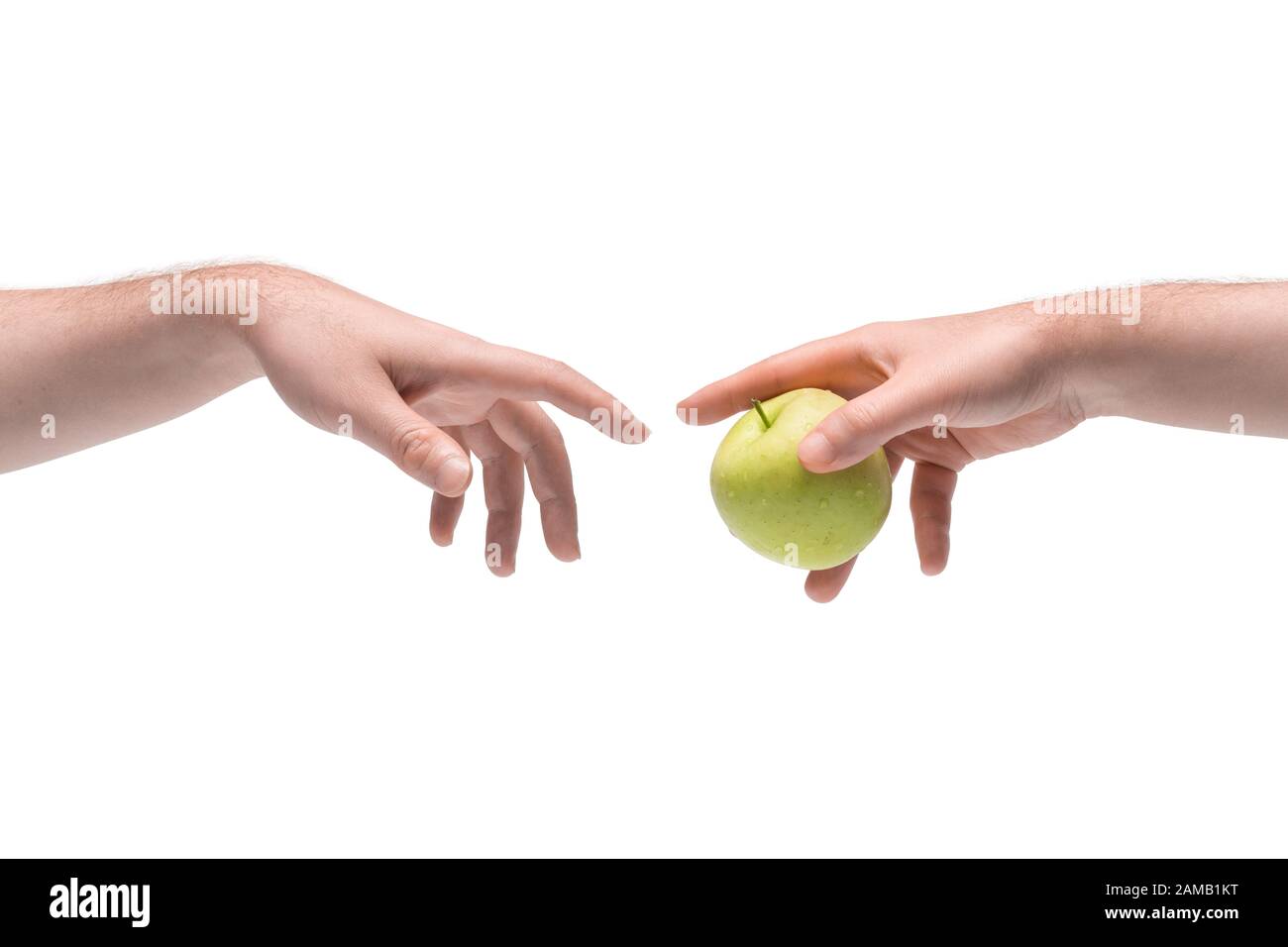 Two male hands passing one another fresh juicy green apple on white ...