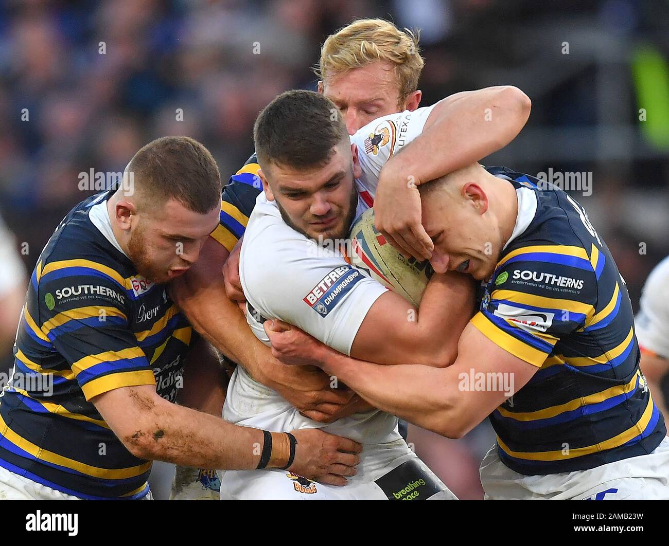 Bradford Bulls Keelan Foster is tackled during the testimonial match at ...