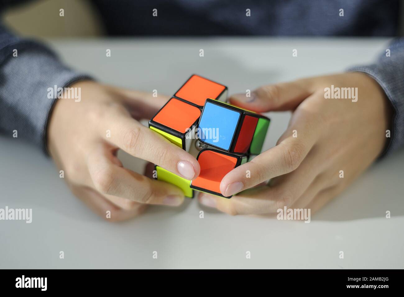 Perm, Russia, September 28 2019: Rubik's cube in the hands of a boy ...