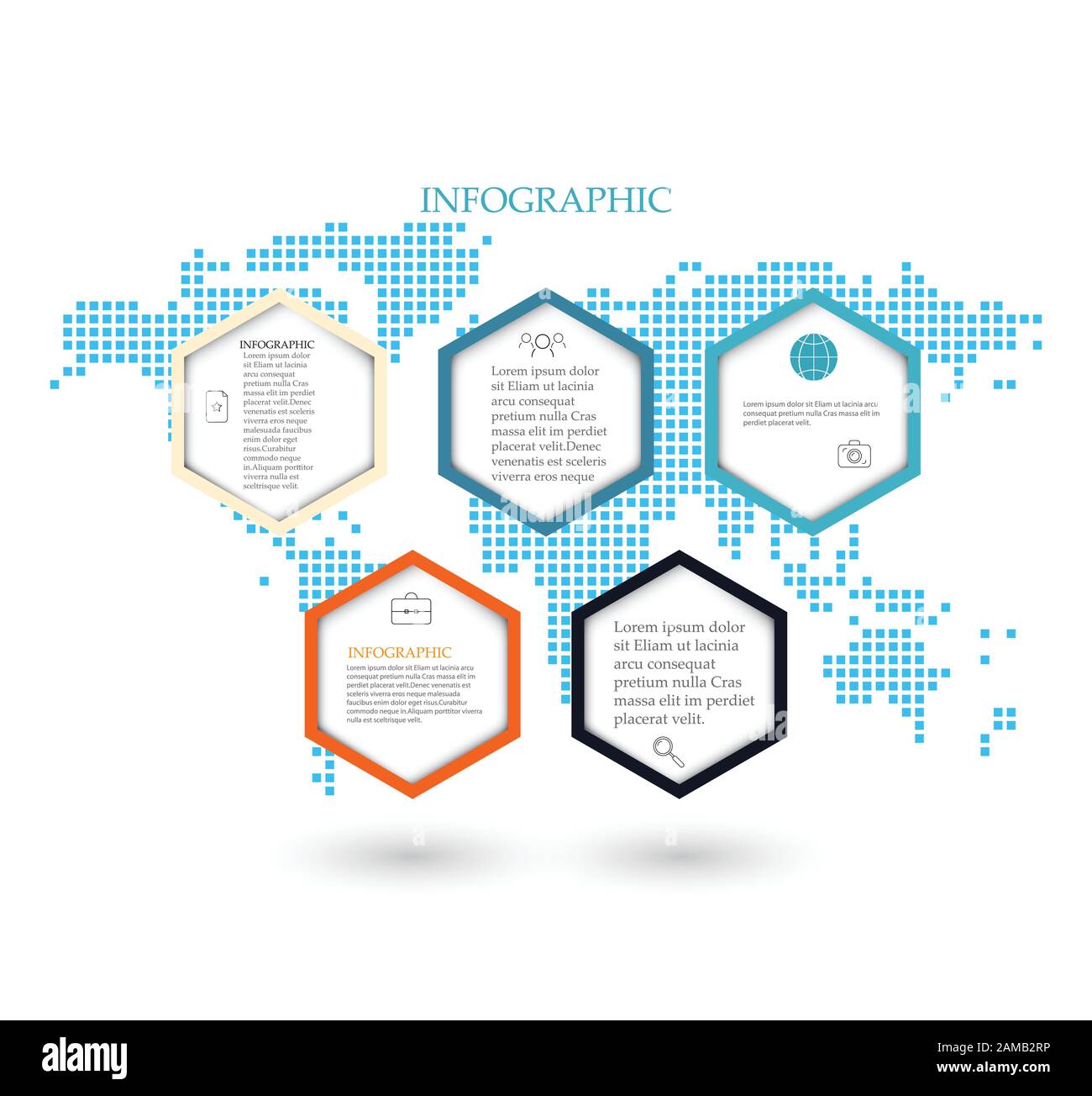 Business template infographics.The five hexagons on the background map ...