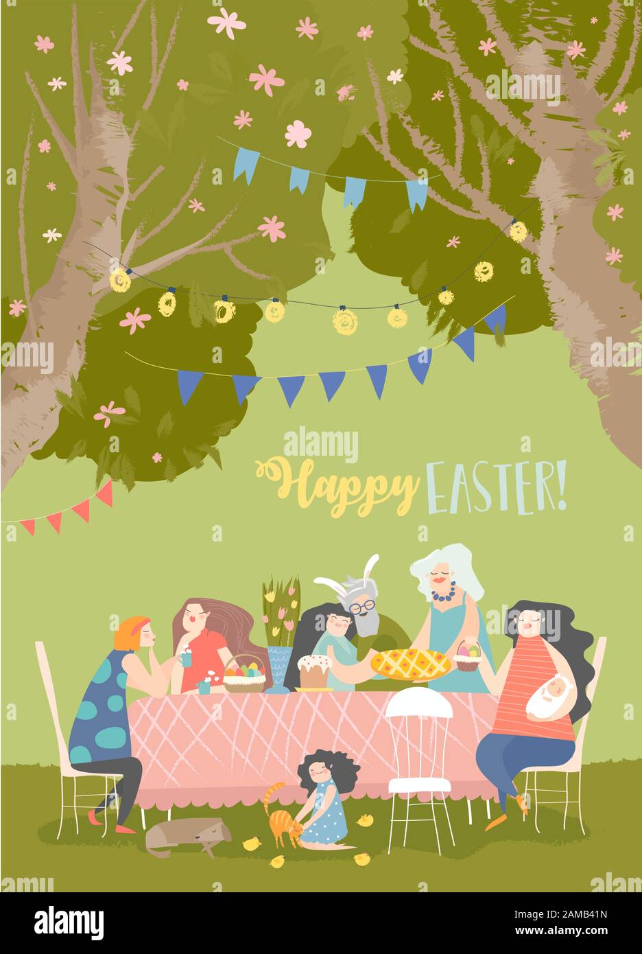 Cartoon happy family having Easter dinner in blossom garden Stock ...