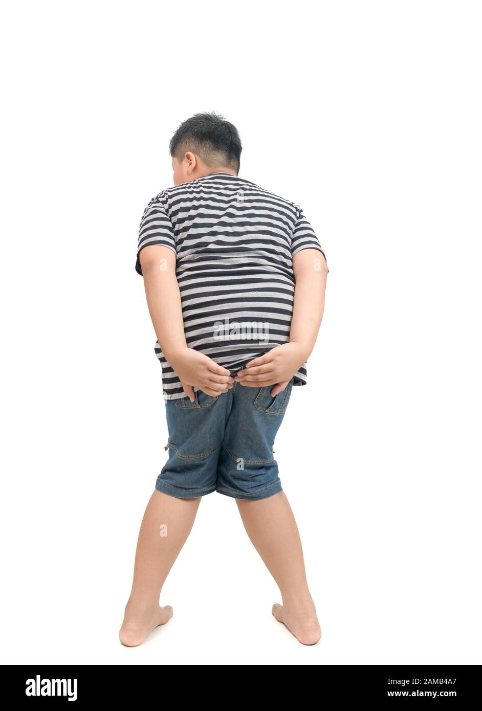 Obese boy with hemorrhoid or diarrhea isolated on white background ...