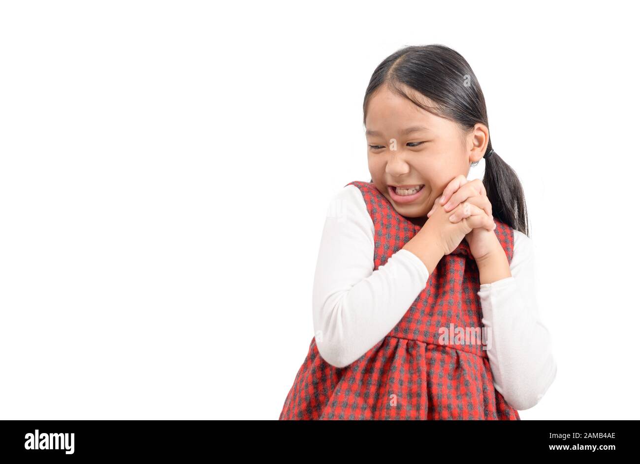 Cute asian girl smile and feel glad or satisfied face isolated on white ...