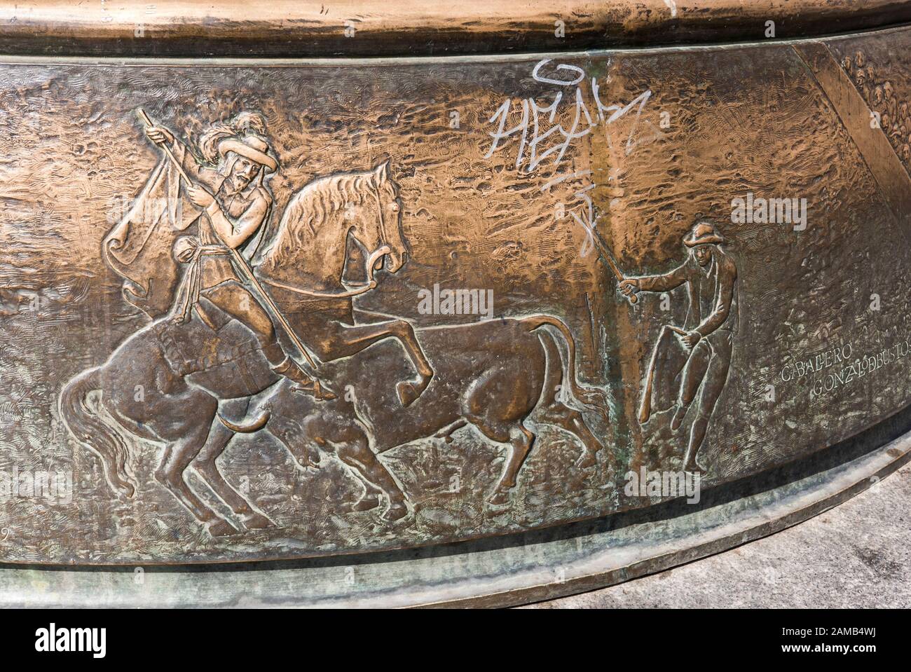 Bas Relief of Spanish culture on a lamp post in Plaza Major in Madrid ...