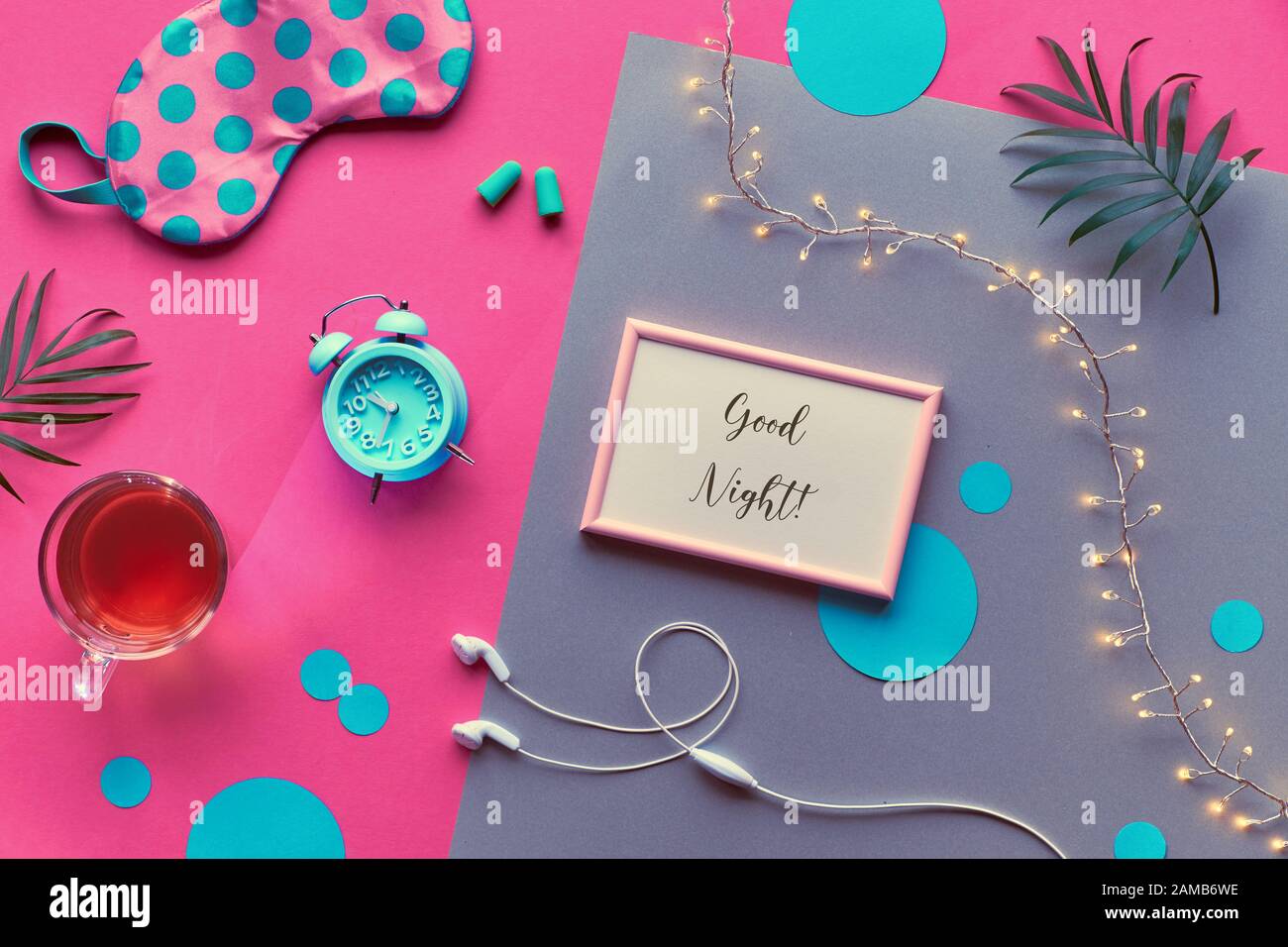 Frame with text "Good night". Healthy night sleep creative flat lay ...