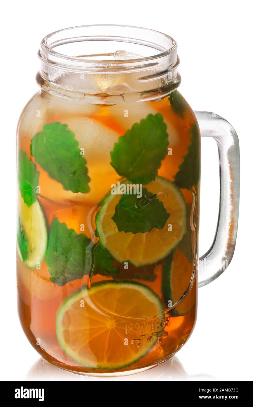 Iced melissa lime tea in a mason jar, isolated Stock Photo - Alamy