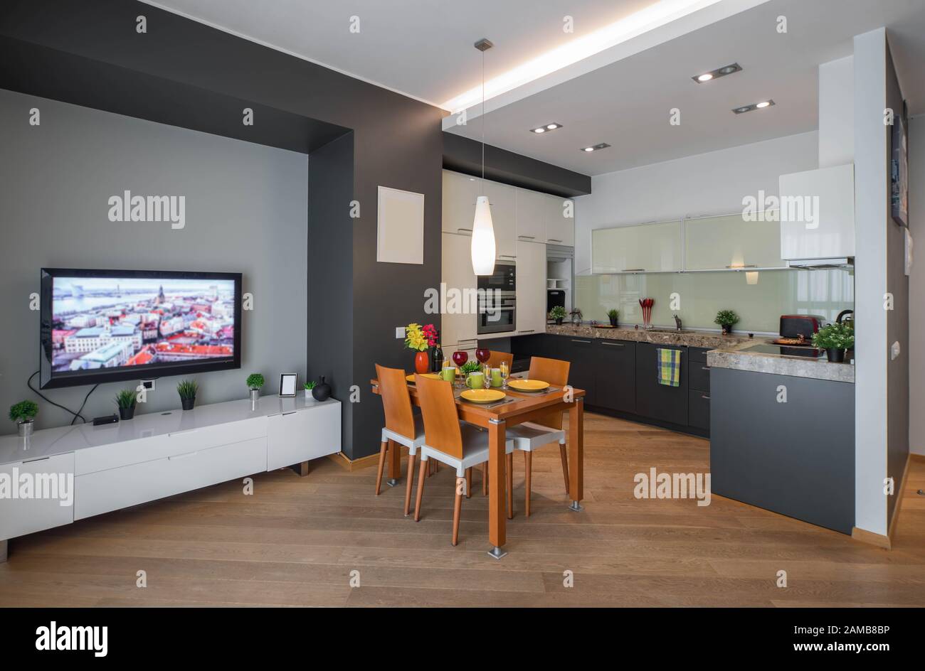 Modern interior of kitchen in studio apartment. TV on the wall. Private ...