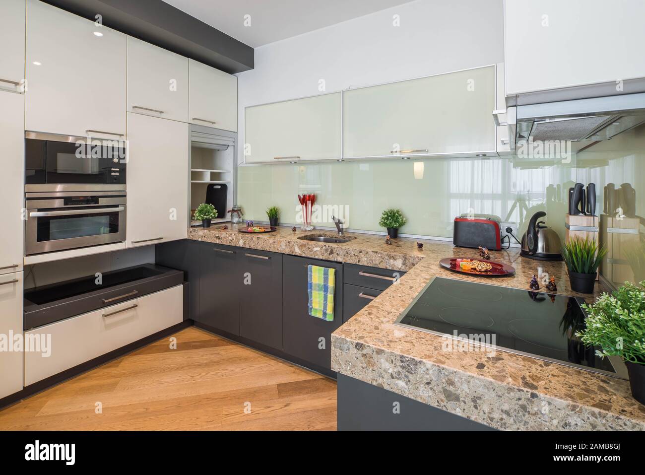 Modern interior of kitchen. Stylish kitchen set. Home appliances Stock ...