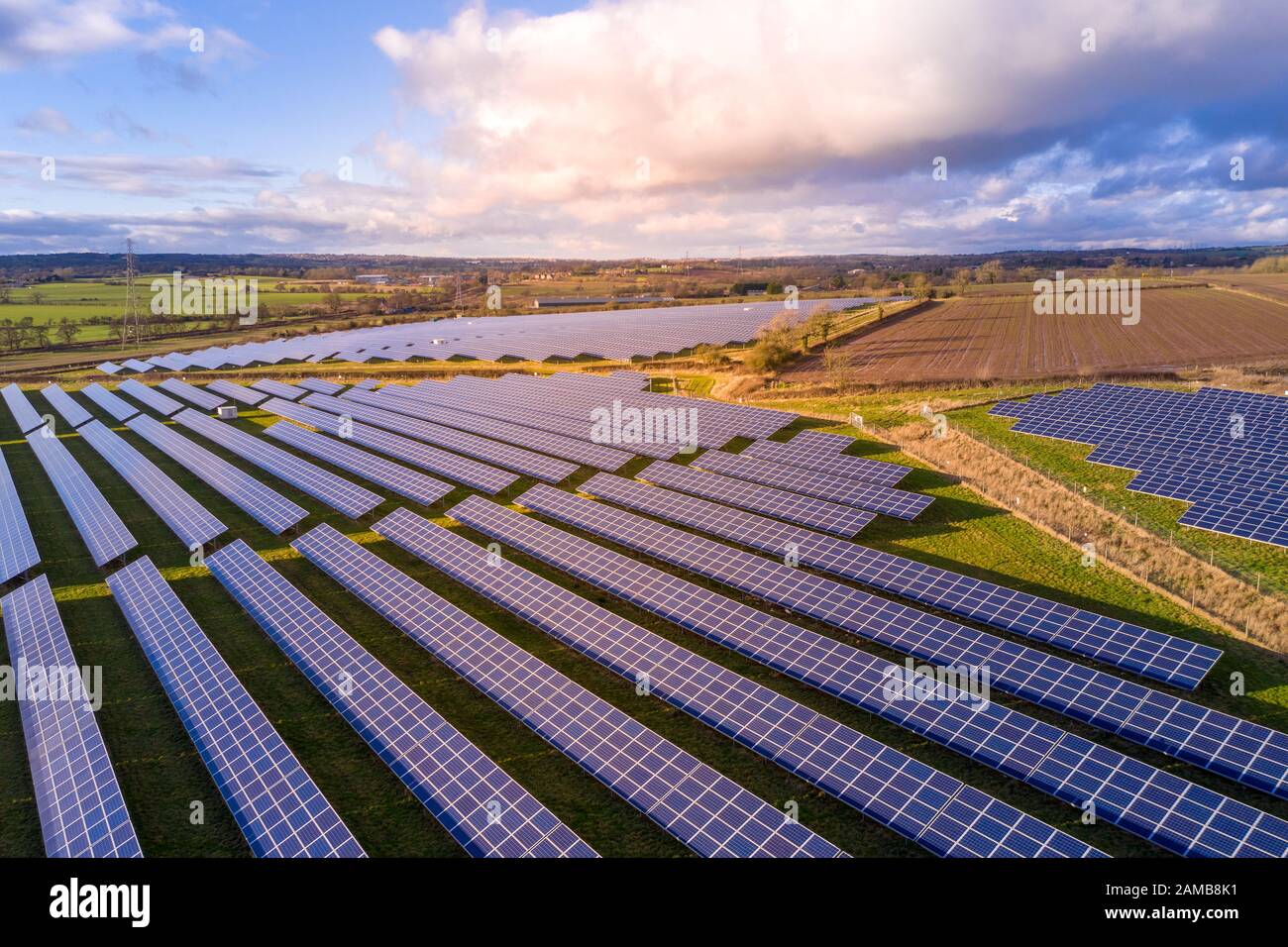 Aerial view of a solar farm in Staffordshire, renewable, sustainable ...