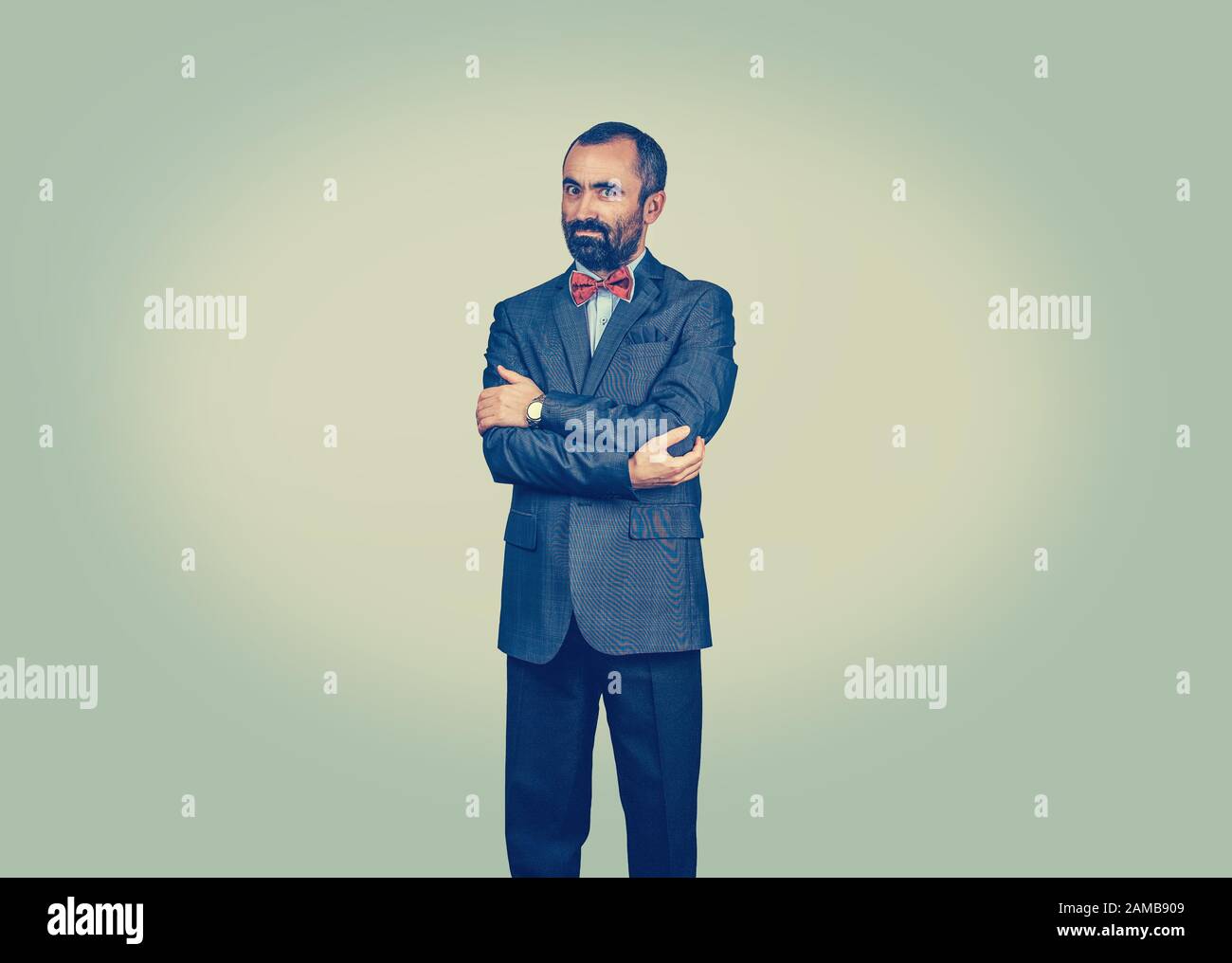 Elegant standing, bearded man with crossed arms, wearing dark suit ...